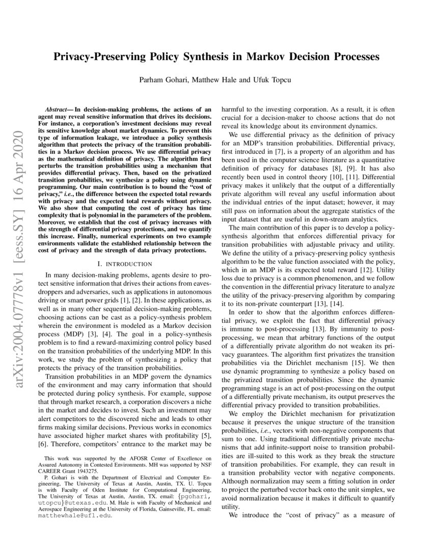 Privacy-Preserving Policy Synthesis in Markov Decision Processes | DeepAI