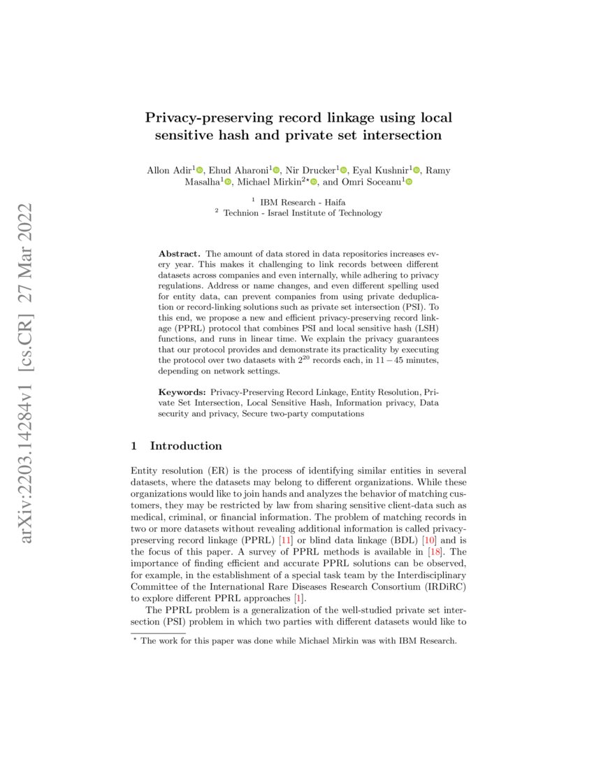 Privacy-preserving record linkage using local sensitive hash and private set intersection | DeepAI