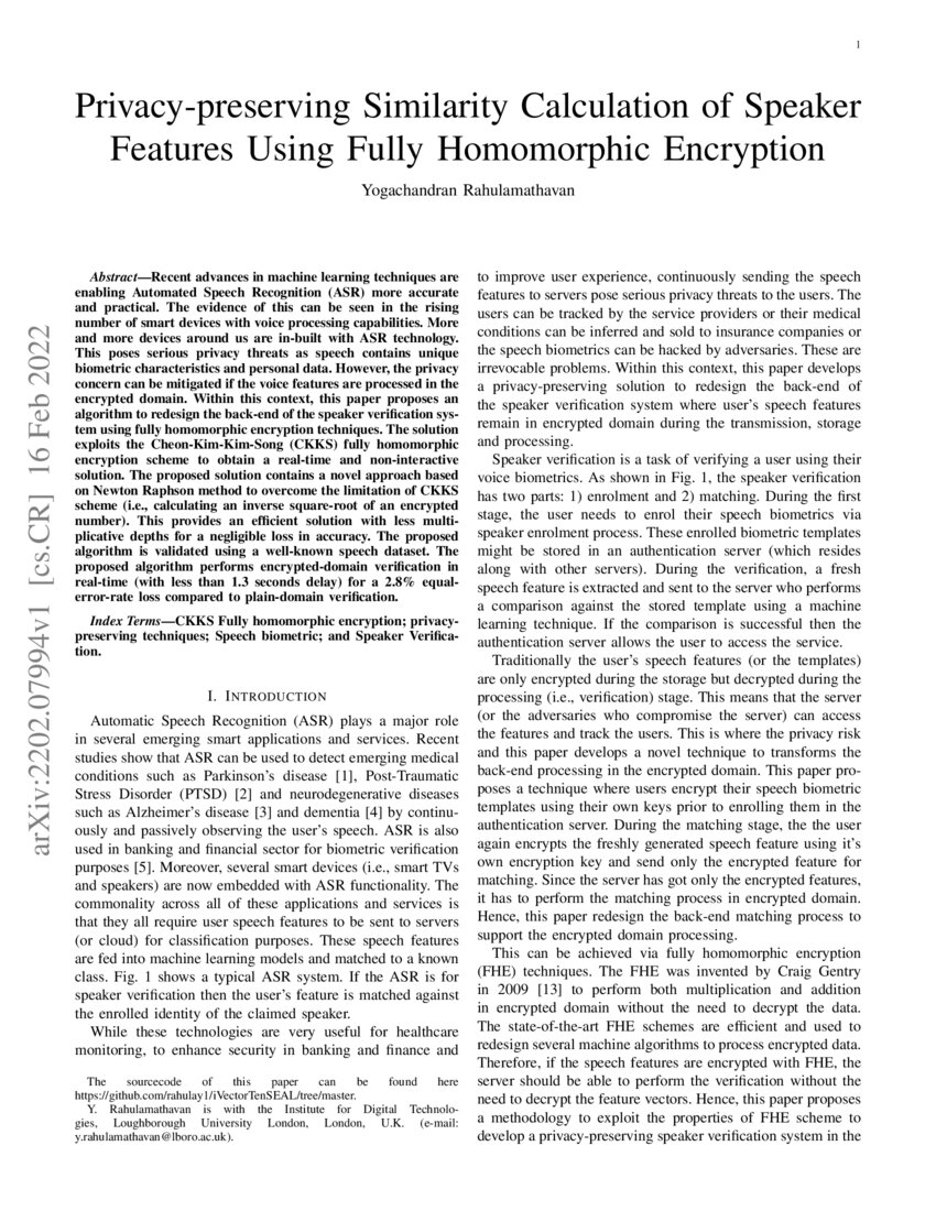 Privacy-preserving Similarity Calculation of Speaker Features Using Fully Homomorphic Encryption ...