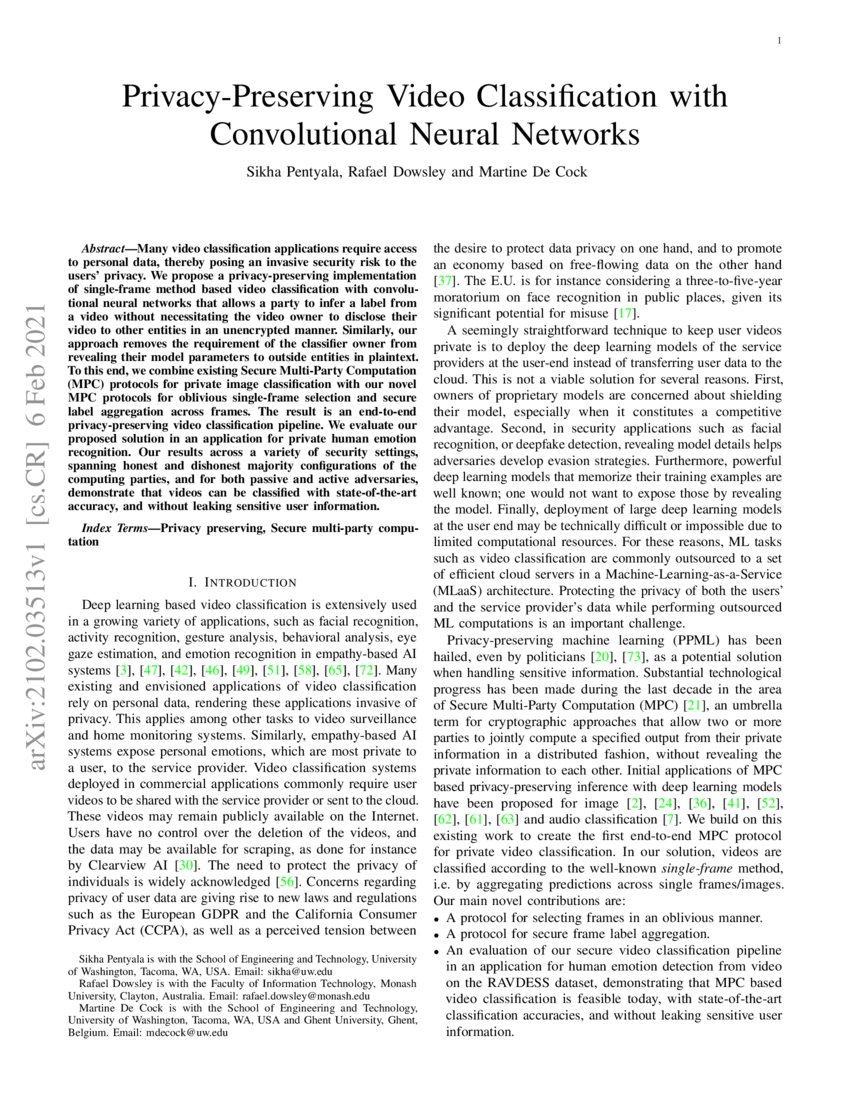 Privacy-Preserving Video Classification with Convolutional Neural Networks | DeepAI