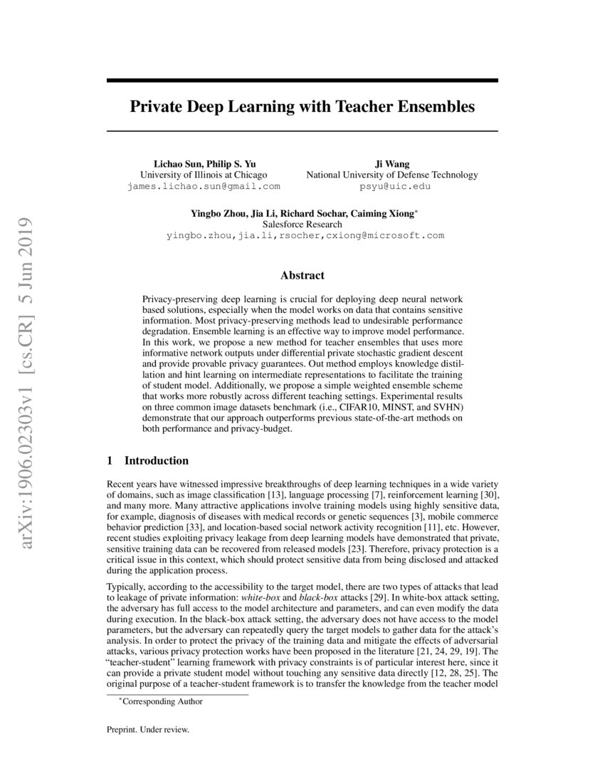 Private Deep Learning with Teacher Ensembles | DeepAI
