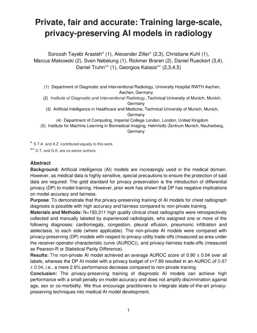 Private, fair and accurate: Training large-scale, privacy-preserving AI models in radiology | DeepAI