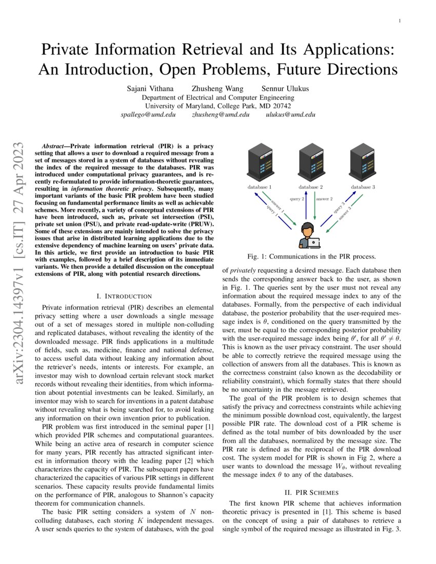Private Information Retrieval And Its Applications An Introduction Open Problems Future