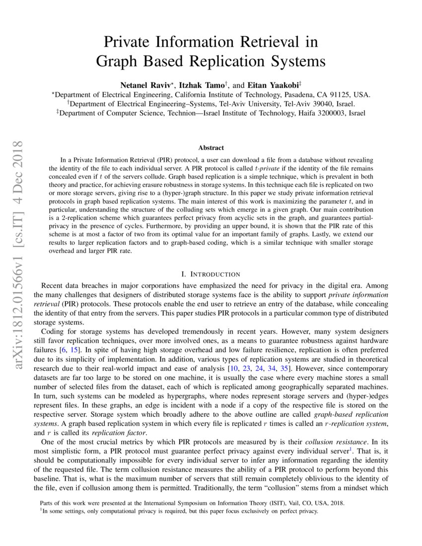 Private Information Retrieval In Graph Based Replication Systems Deepai