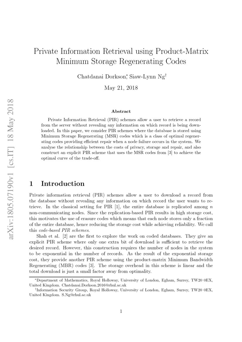 Private Information Retrieval Using Product Matrix Minimum Storage Regenerating Codes Deepai 