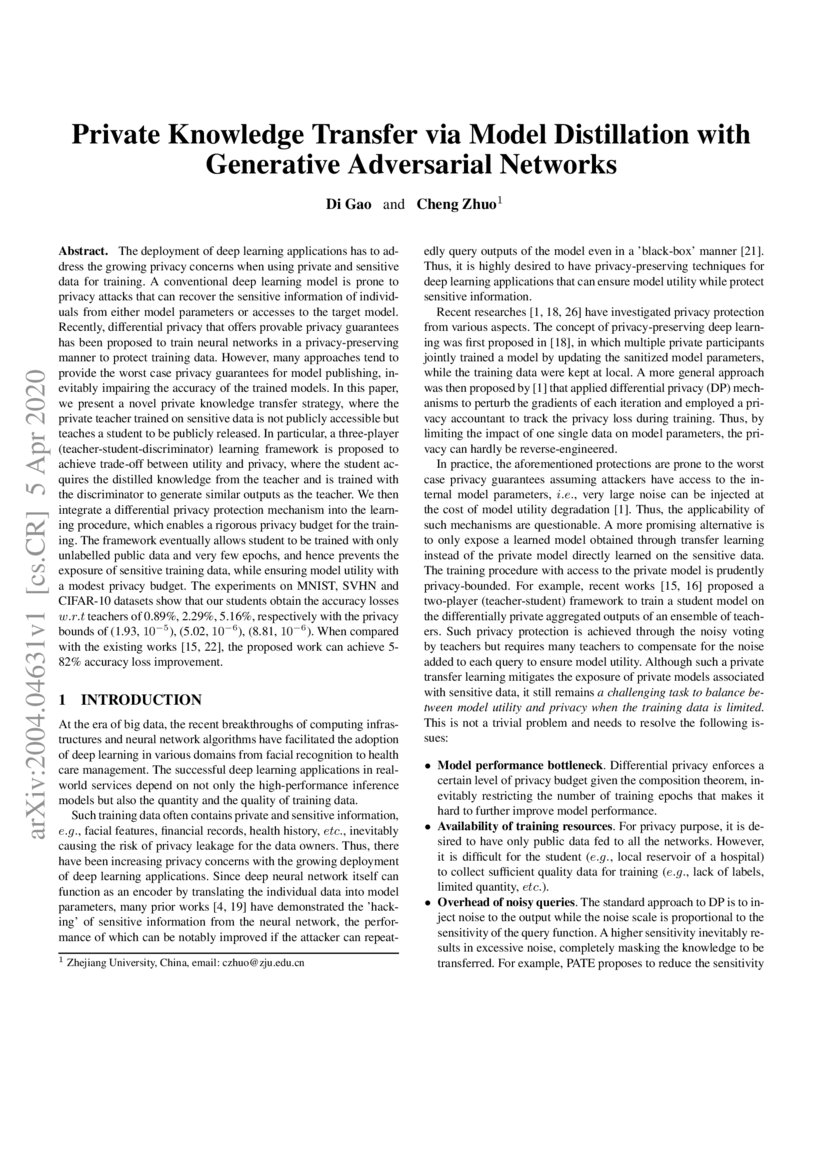 Private Knowledge Transfer via Model Distillation with Generative Adversarial Networks | DeepAI