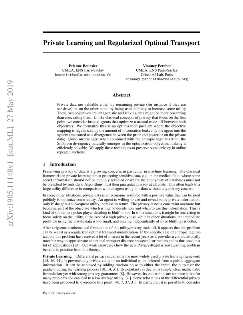 Private Learning and Regularized Optimal Transport | DeepAI