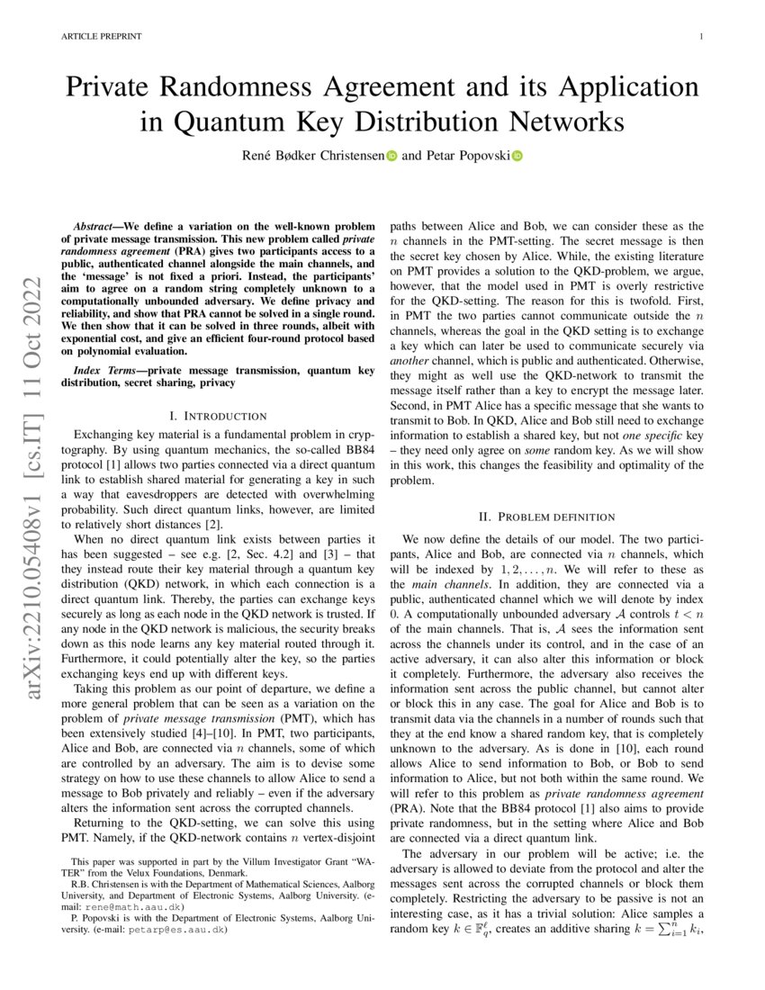 Private Randomness Agreement and its Application in Quantum Key Distribution Networks | DeepAI