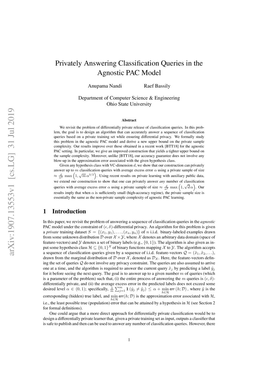 Privately Answering Classification Queries in the Agnostic PAC Model | DeepAI