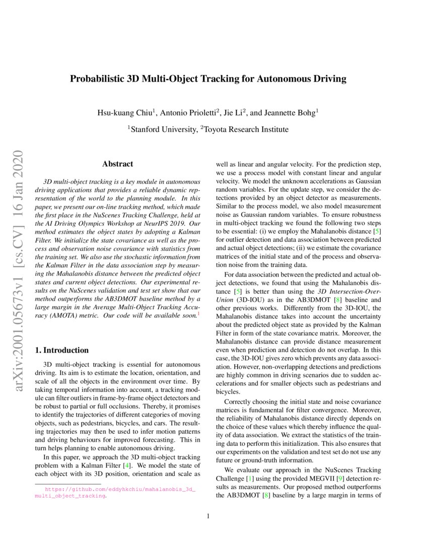 Probabilistic 3D Multi-Object Tracking for Autonomous Driving | DeepAI