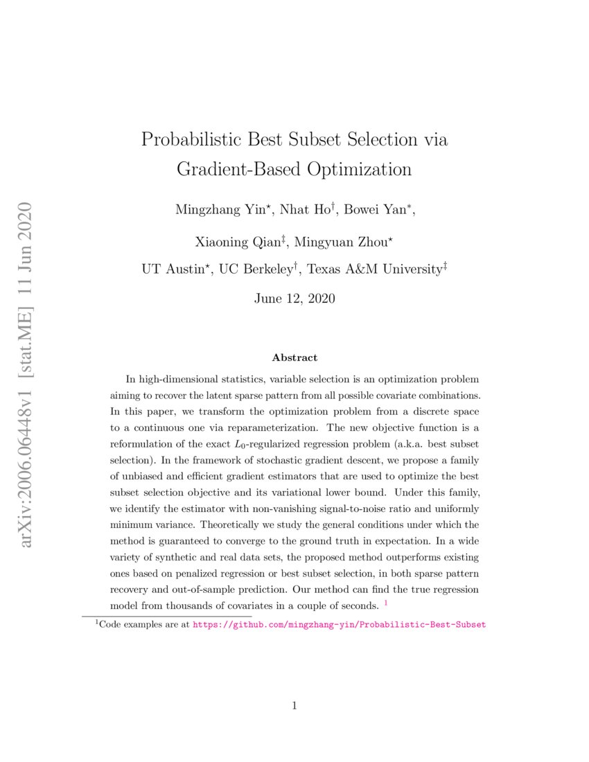 Probabilistic Best Subset Selection by Gradient-Based Optimization | DeepAI