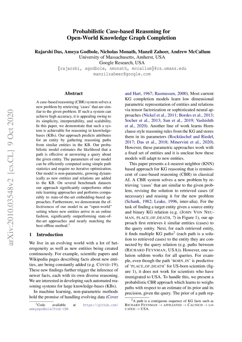 Probabilistic Case-based Reasoning for Open-World Knowledge Graph Completion | DeepAI
