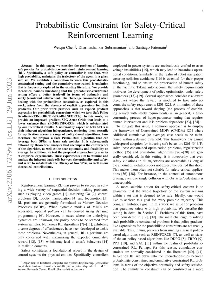 Probabilistic Constraint for Safety-Critical Reinforcement Learning | DeepAI