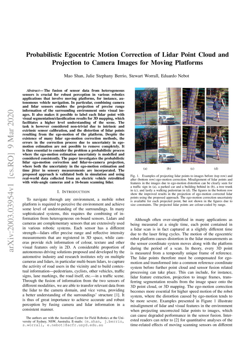 Probabilistic Egocentric Motion Correction of Lidar Point Cloud and Projection to Camera Images ...