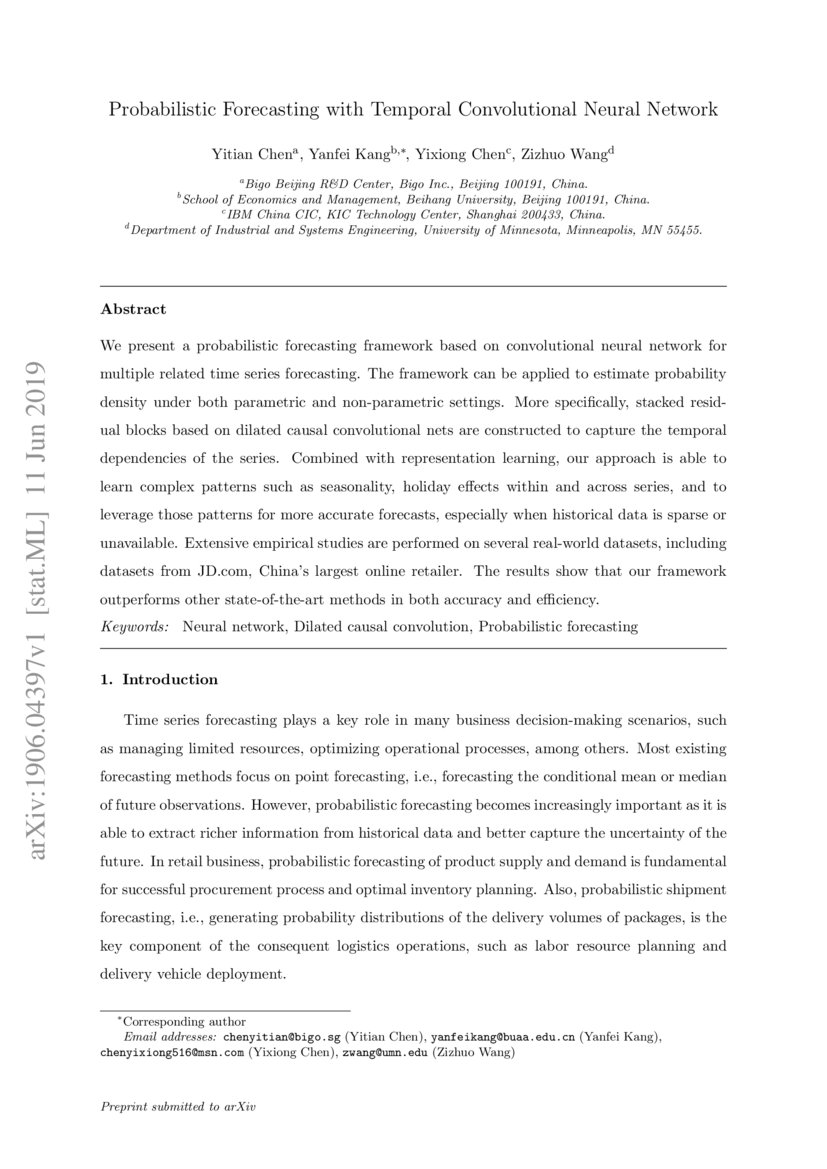 Probabilistic Forecasting with Temporal Convolutional Neural Network | DeepAI