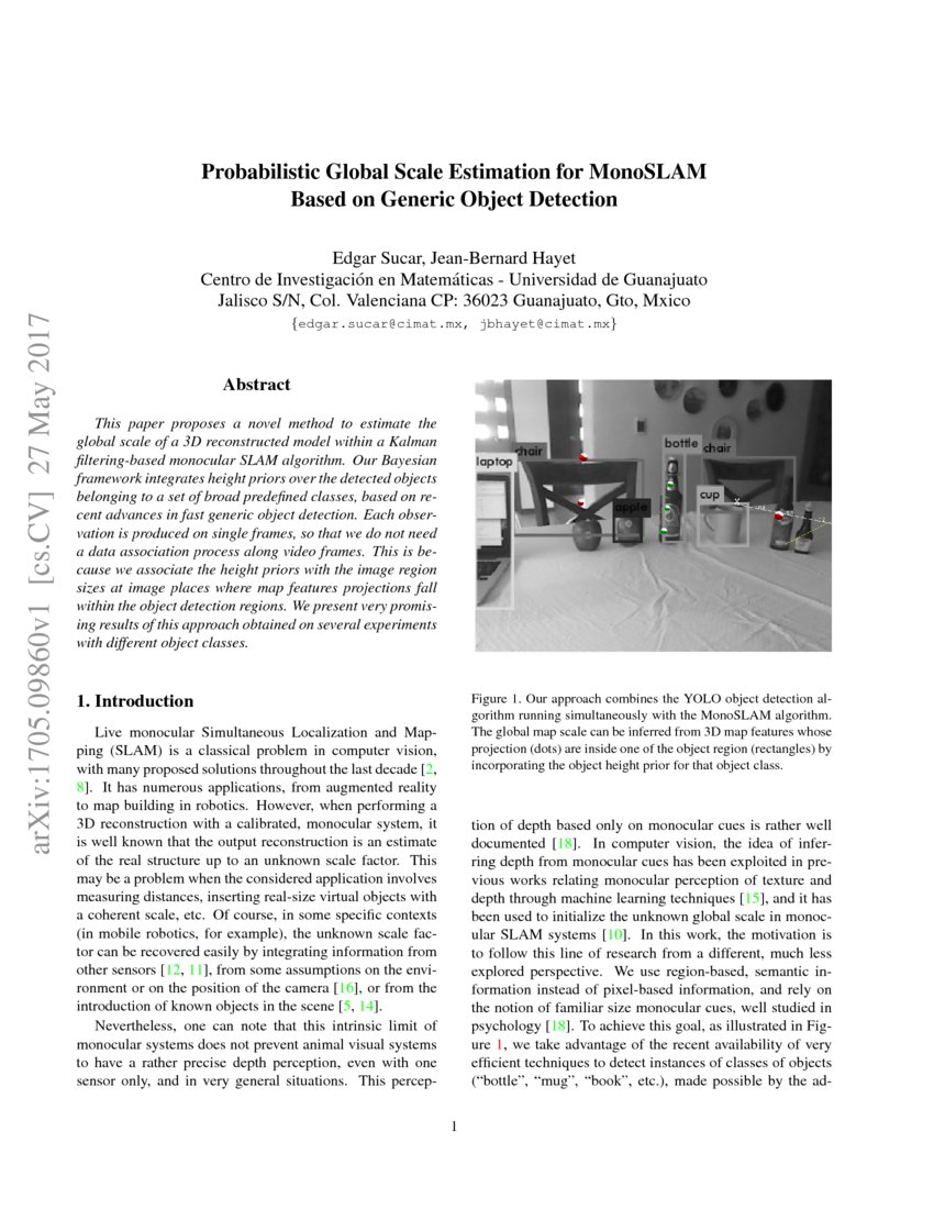 Probabilistic Global Scale Estimation for MonoSLAM Based on Generic Object Detection | DeepAI