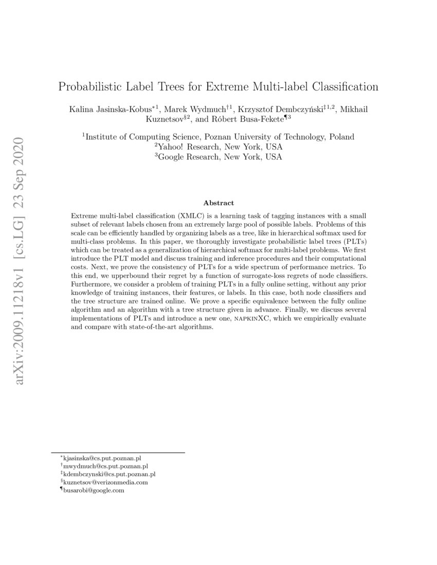 Probabilistic Label Trees for Extreme Multi-label Classification | DeepAI