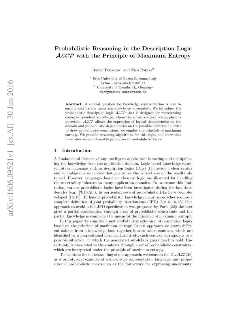 Probabilistic Reasoning in the Description Logic ALCP with the Principle of Maximum Entropy ...