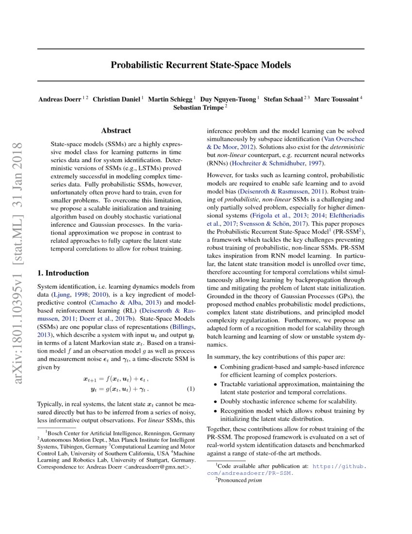 Probabilistic Recurrent State-Space Models | DeepAI