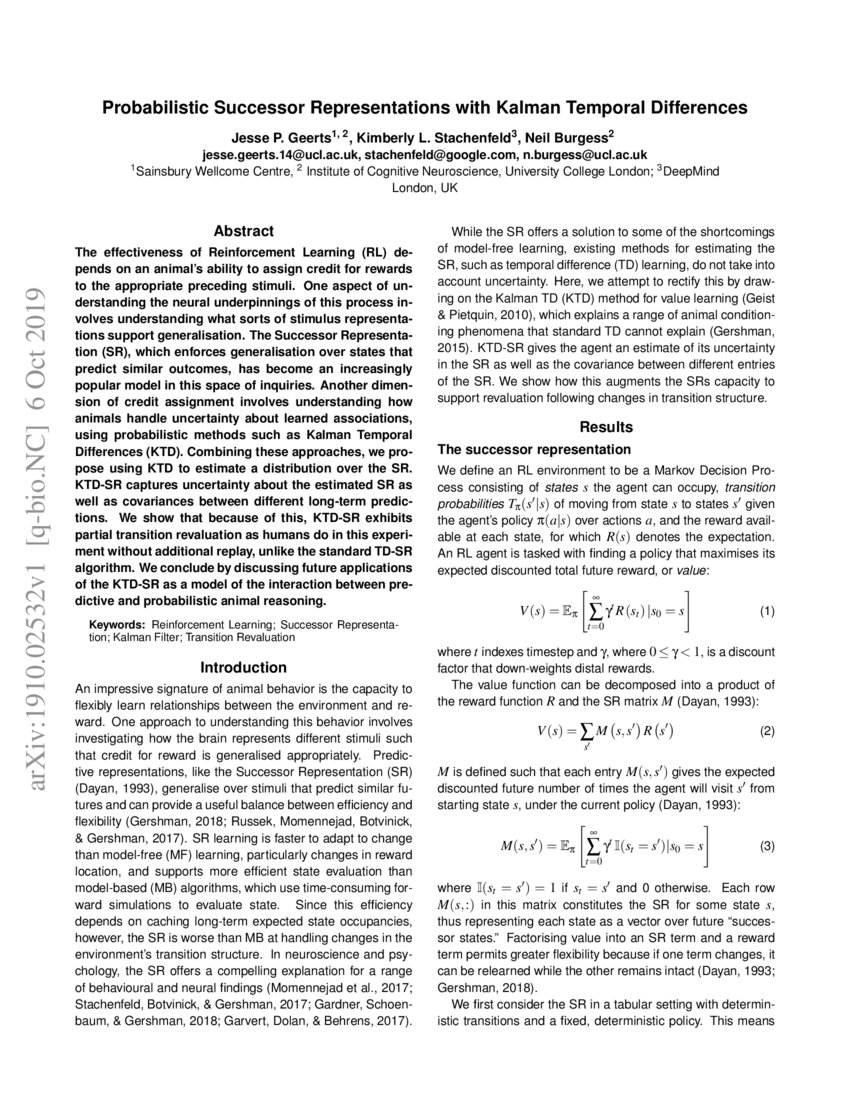 Probabilistic Successor Representations with Kalman Temporal Differences | DeepAI
