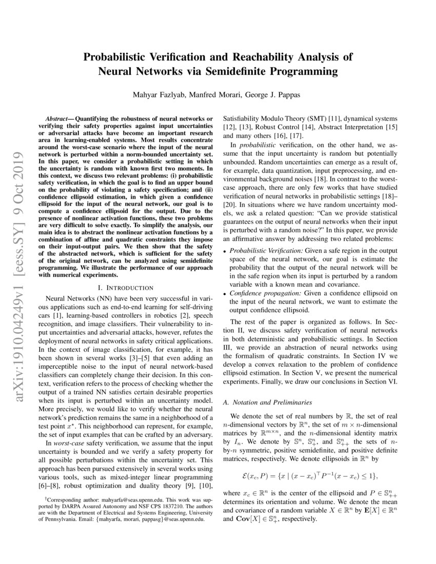 Probabilistic Verification and Reachability Analysis of Neural Networks via Semidefinite ...