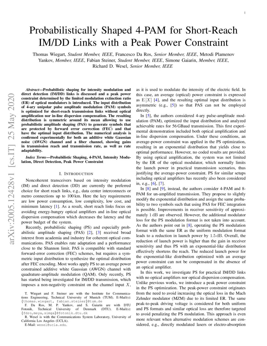 Probabilistically Shaped 4-PAM for Short-Reach IM/DD Links with a Peak Power Constraint | DeepAI