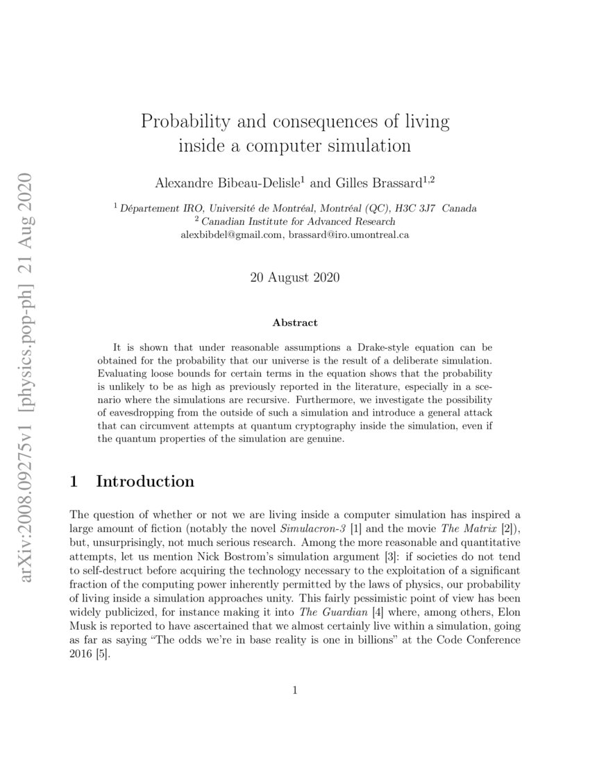 Probability and consequences of living inside a computer simulation ...