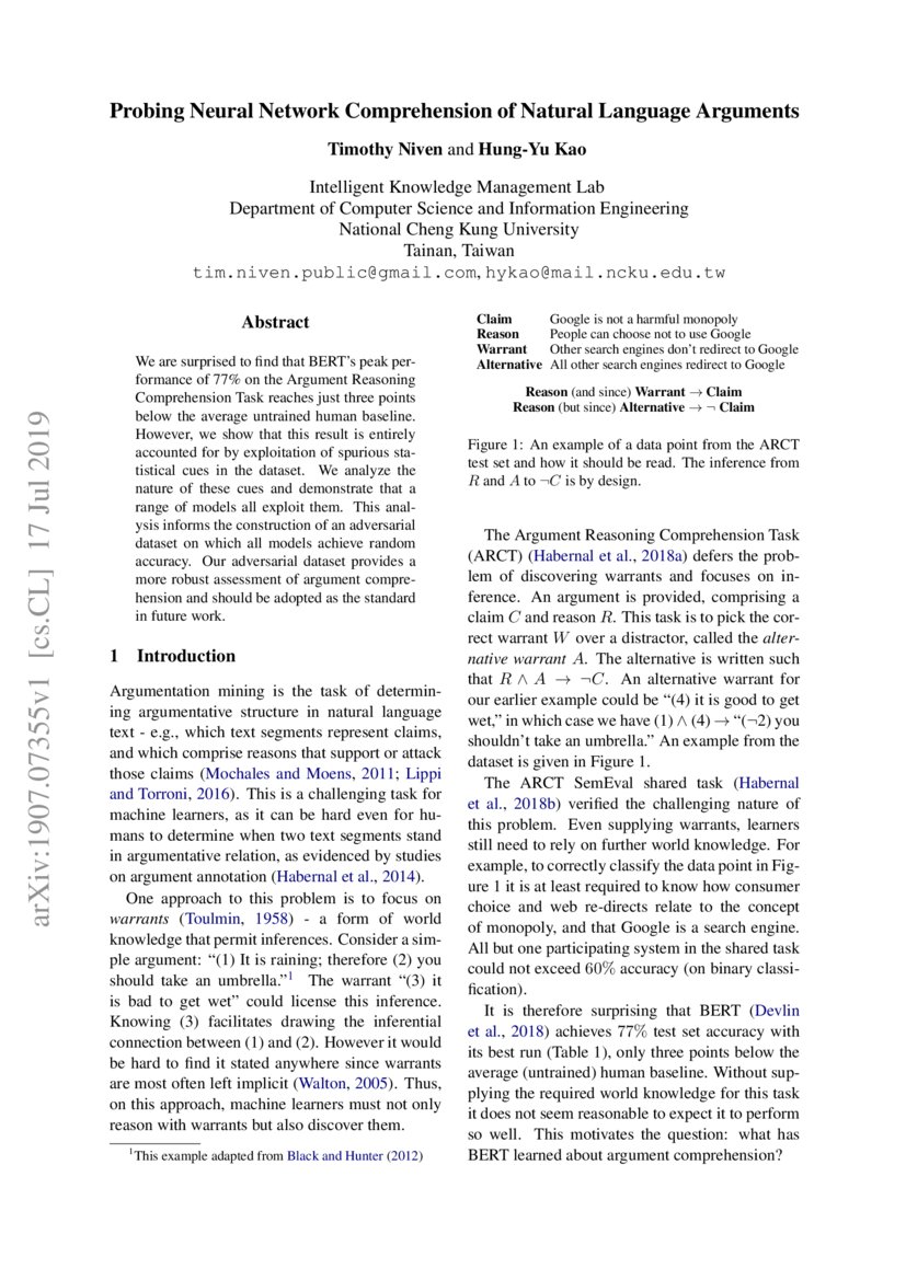 Probing Neural Network Comprehension of Natural Language Arguments | DeepAI