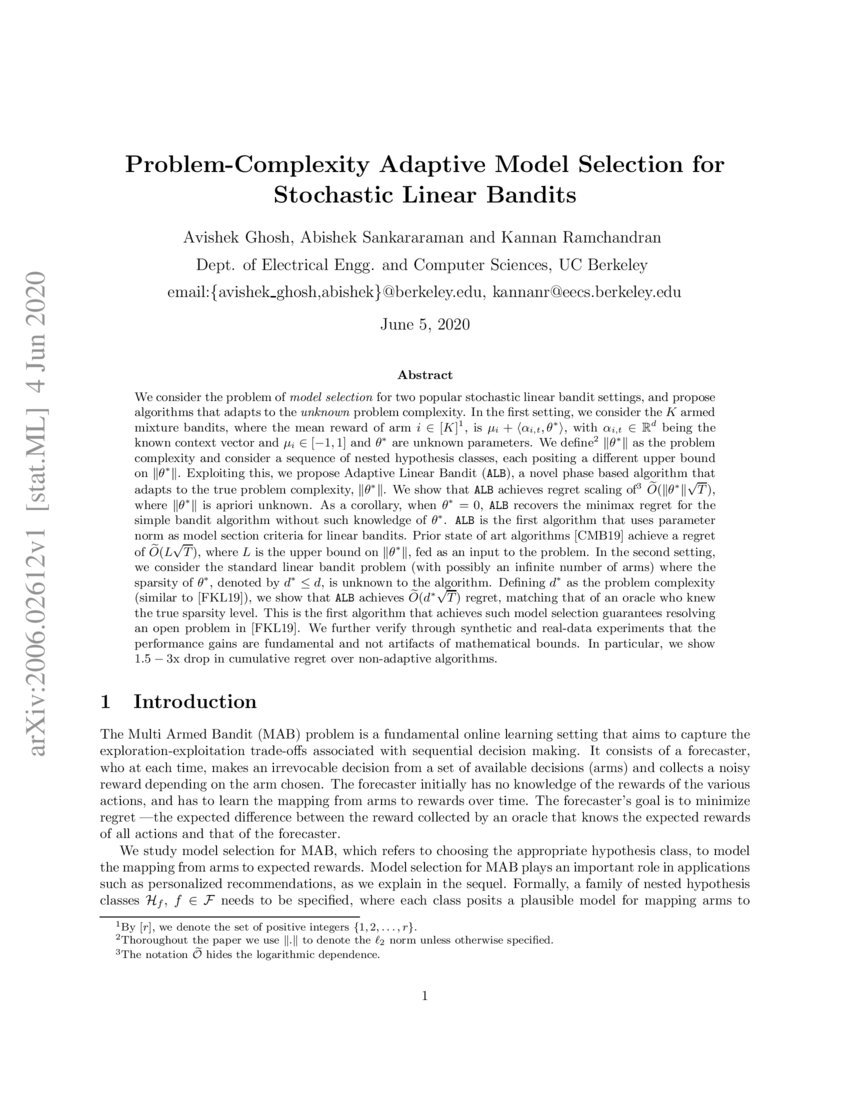 Problem Complexity Adaptive Model Selection For Stochastic Linear Bandits Deepai