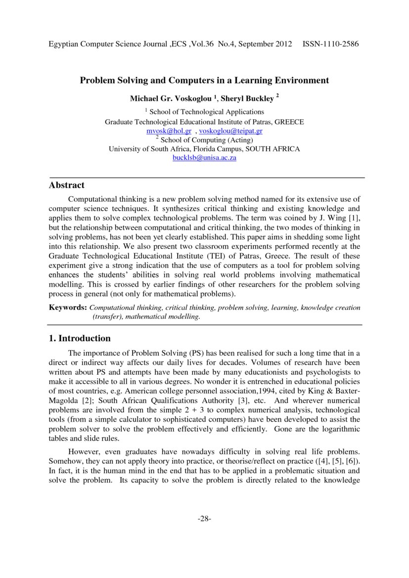 Problem Solving And Computational Thinking In A Learning Environment Problem Solving And Computational Thinking In A Learning Environment