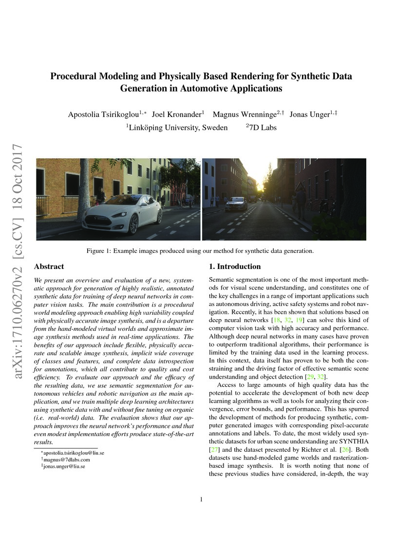 Procedural Modeling And Physically Based Rendering For Synthetic Data Generation In Automotive