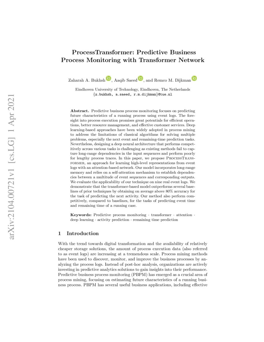 ProcessTransformer: Predictive Business Process Monitoring with Transformer Network | DeepAI