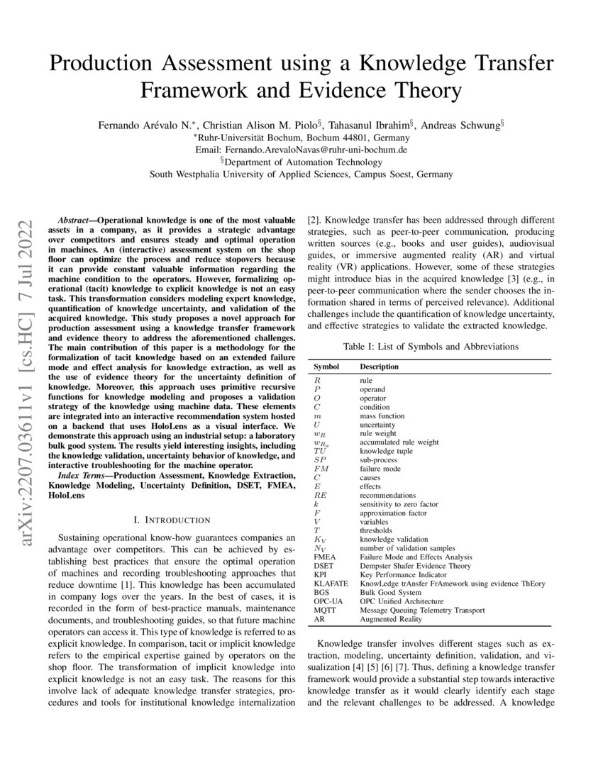 Production Assessment using a Knowledge Transfer Framework and Evidence ...