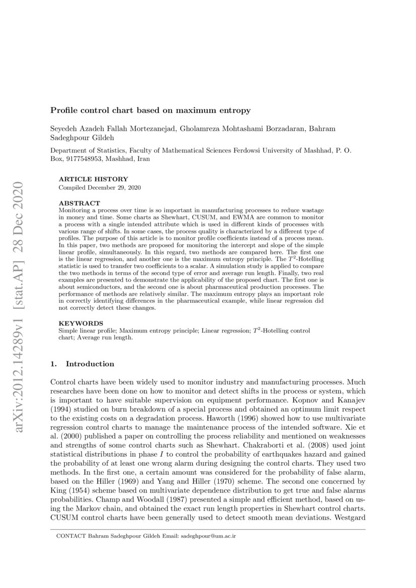 Profile control chart based on maximum entropy | DeepAI