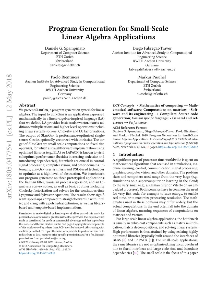 Program Generation for Small-Scale Linear Algebra Applications | DeepAI