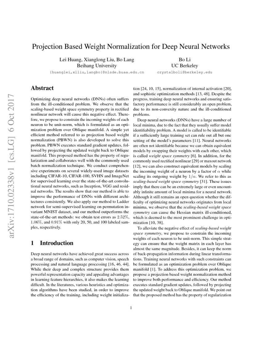 Projection Based Weight Normalization for Deep Neural Networks | DeepAI