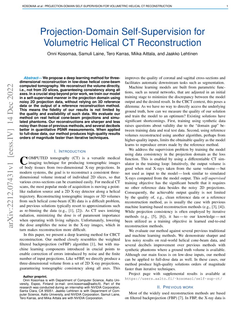 Projection-Domain Self-Supervision for Volumetric Helical CT ...