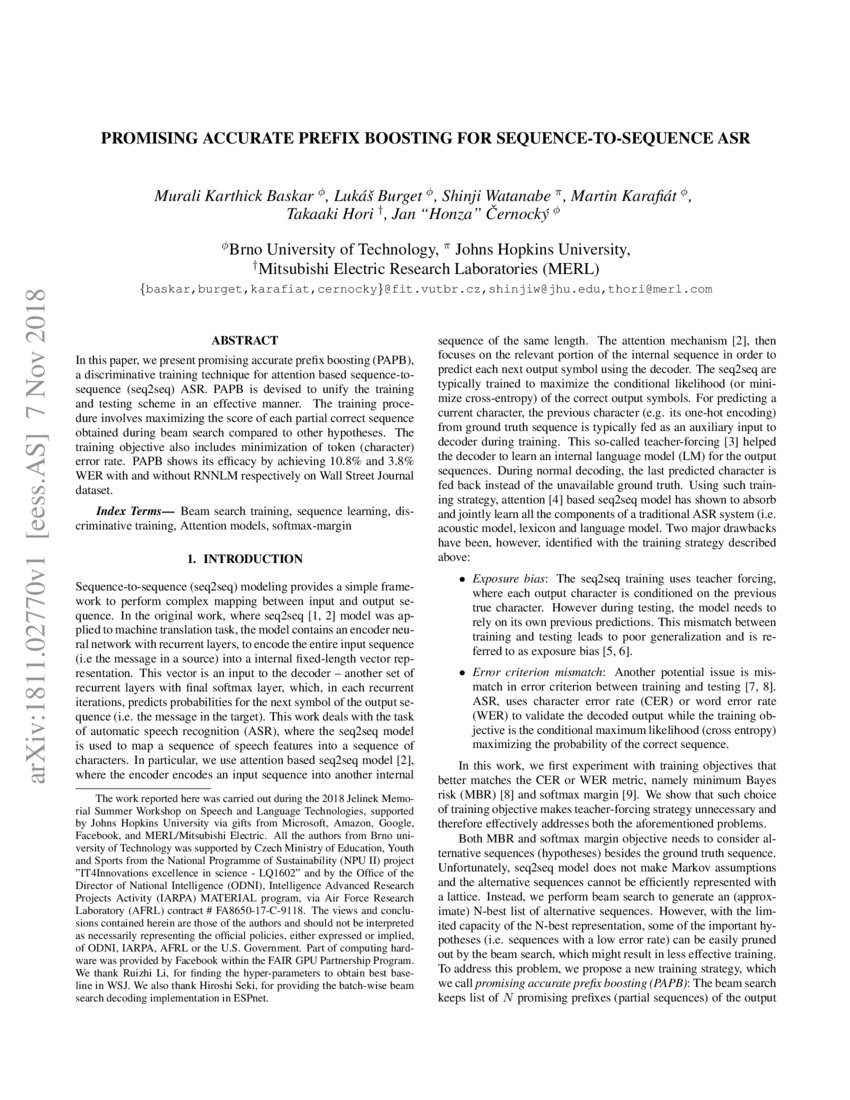 Promising Accurate Prefix Boosting For Sequence To Sequence Asr Deepai 8431