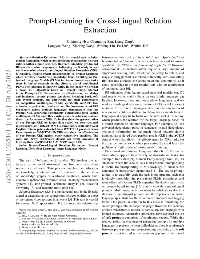 Prompt Learning For Cross Lingual Relation Extraction Deepai