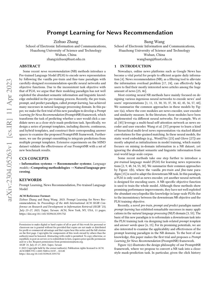 Prompt Learning for News Recommendation | DeepAI