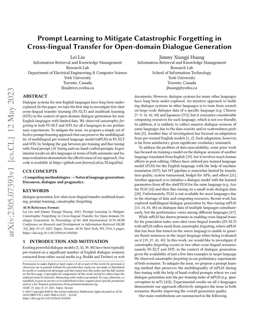 Prompt Learning to Mitigate Catastrophic Forgetting in Cross-lingual Transfer for Open-domain ...