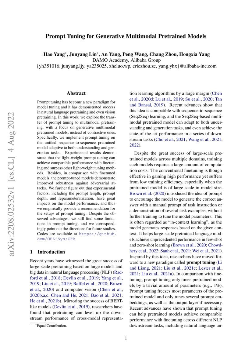 Prompt Tuning for Generative Multimodal Pretrained Models | DeepAI