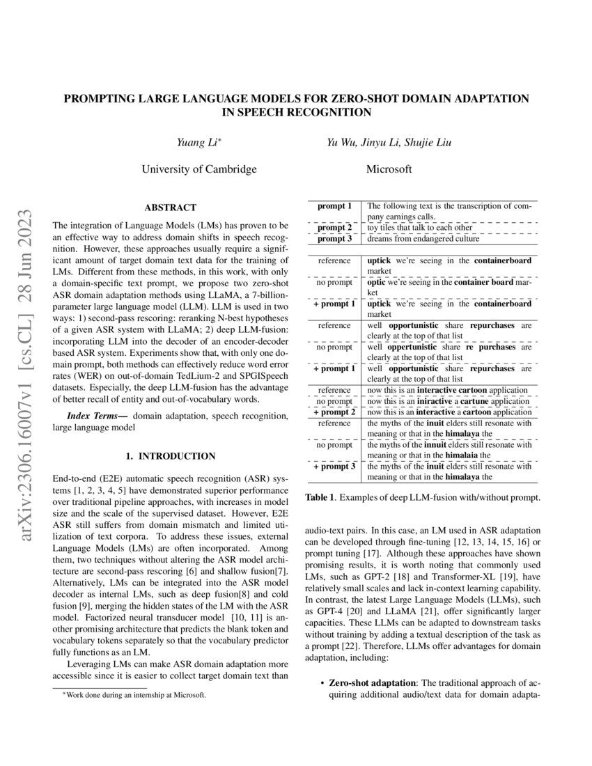 Prompting Large Language Models for Zero-Shot Domain Adaptation in Speech Recognition | DeepAI