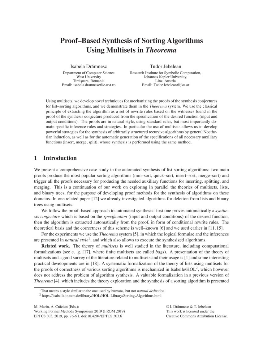 Proof Based Synthesis Of Sorting Algorithms Using Multisets In Theorema Deepai