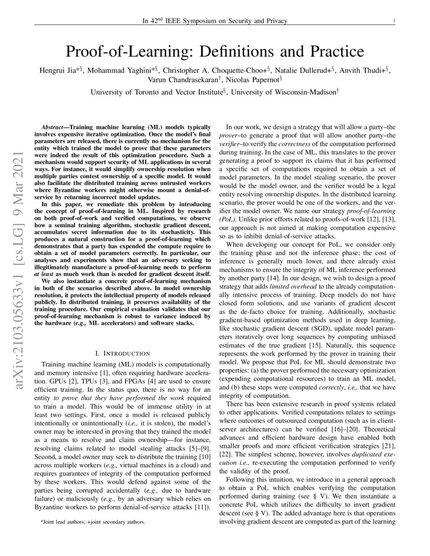 Proof-of-Learning: Definitions and Practice | DeepAI