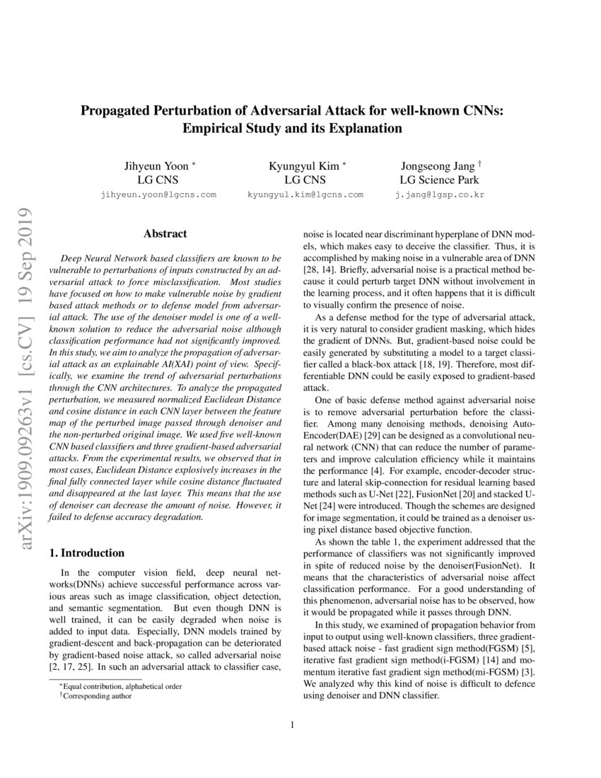 Propagated Perturbation of Adversarial Attack for well-known CNNs: Empirical Study and its ...