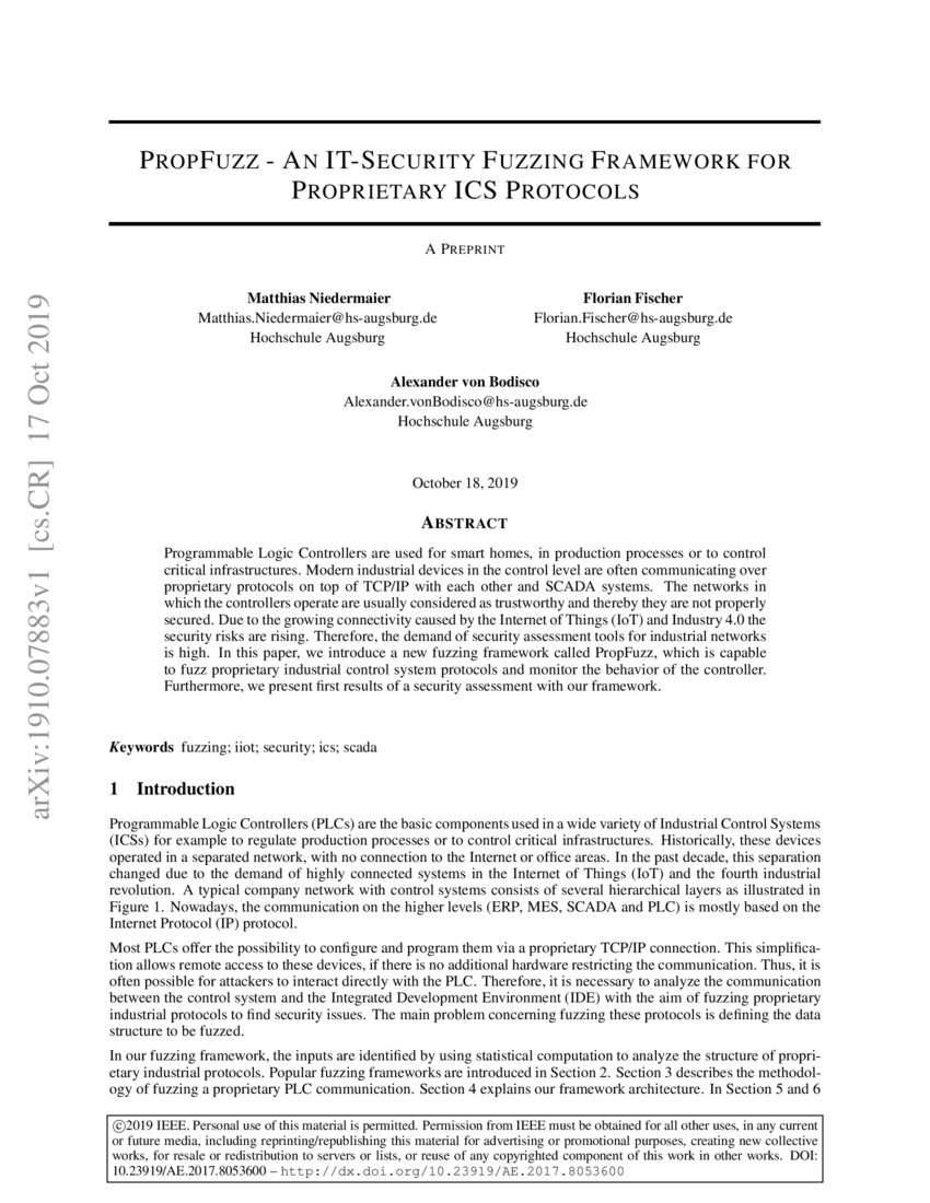 PropFuzz – An IT-Security Fuzzing Framework for Proprietary ICS Protocols | DeepAI
