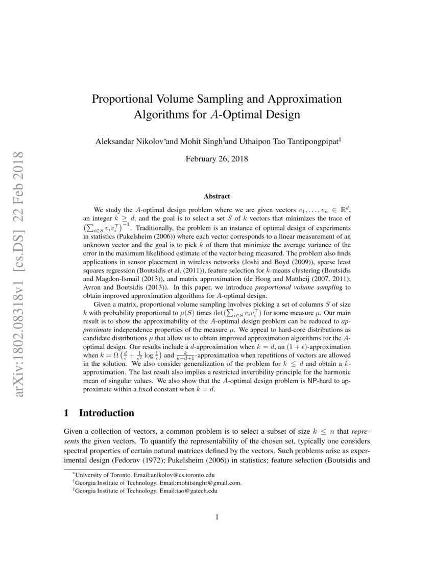 Proportional Volume Sampling And Approximation Algorithms For A Optimal 6073