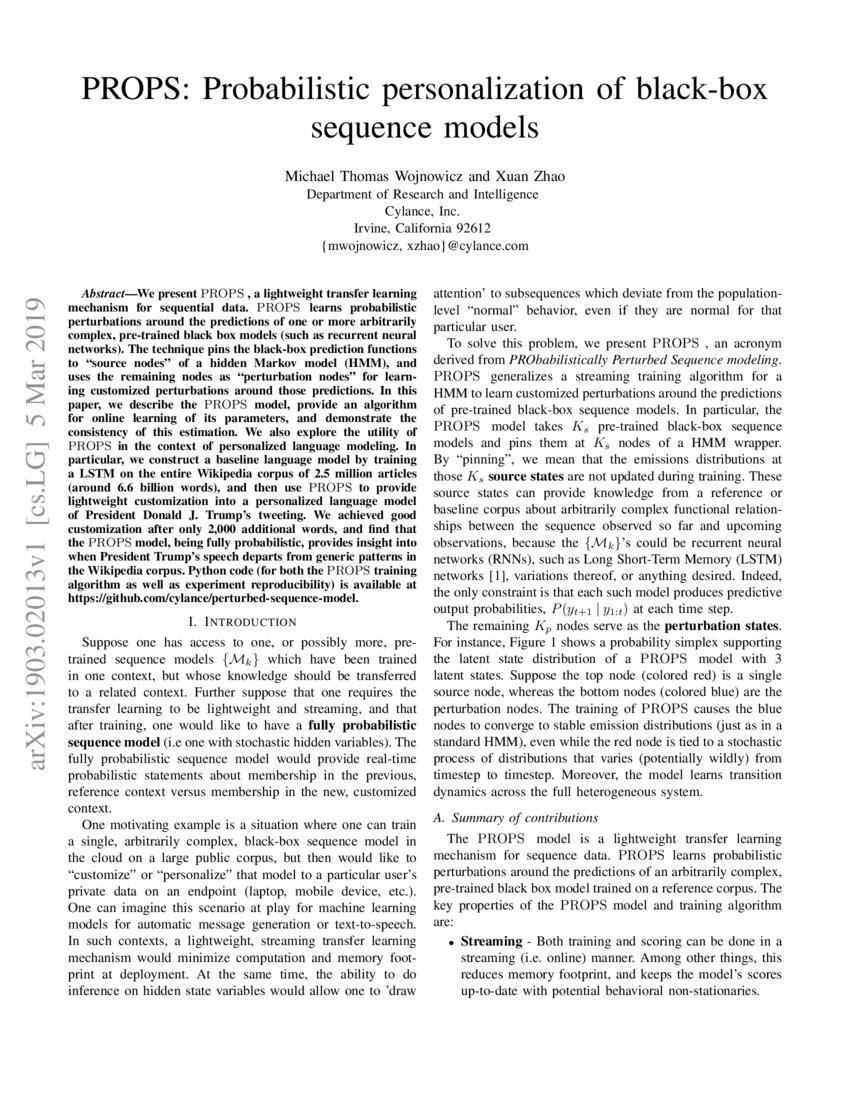 PROPS: Probabilistic personalization of black-box sequence models | DeepAI