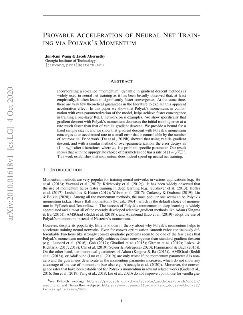 Provable Acceleration of Neural Net Training via Polyak's Momentum | DeepAI